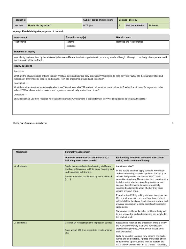 MYP4 - Biology - Unit Planner | PDF | Virus | Educational Assessment