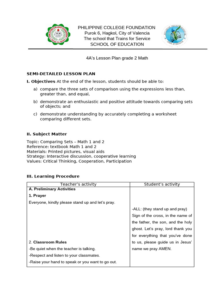 Lesson Plan Grade 2 Math Insert | PDF | Lesson Plan | Learning