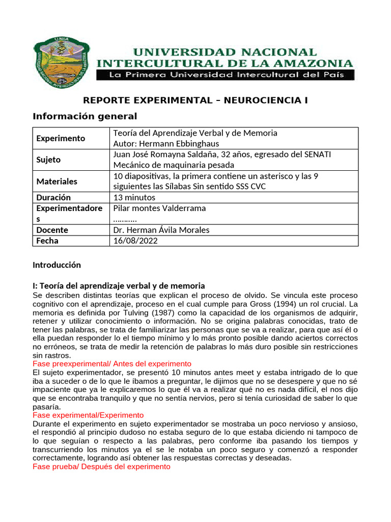 Reporte Experimental Pilar Garcia | PDF | Memoria | Aprendizaje