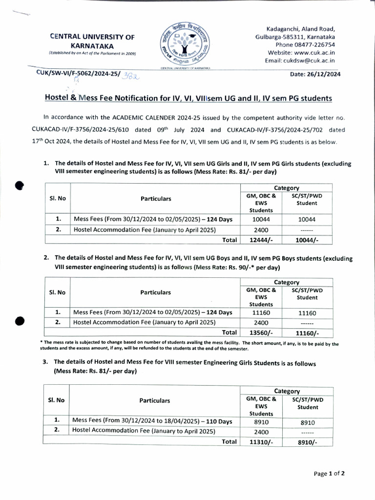Hostel Mess Fees Ug Senior PG All Students Even Sem Ay 2024-25 | PDF | Payments