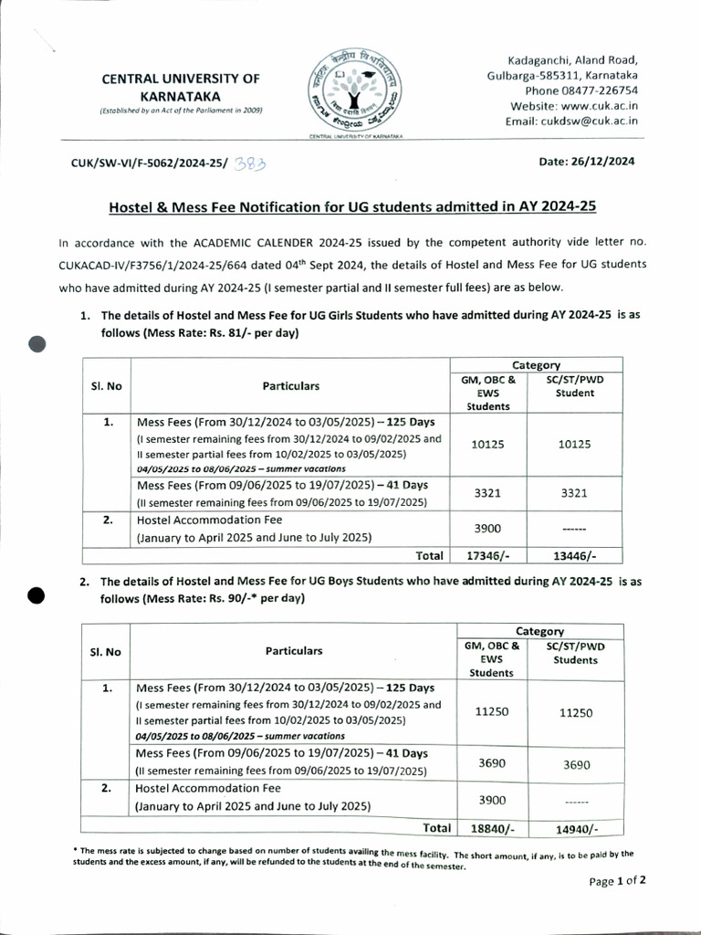 HOSTEL_MESS_FEES_UG_NEW_STUDENTS_EVEN_SEM_AY_2024-25 | PDF | Payments