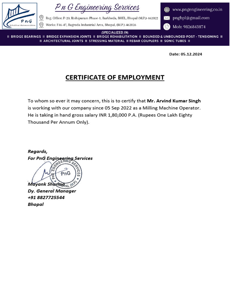 Certificate of Employment - Arvind | PDF