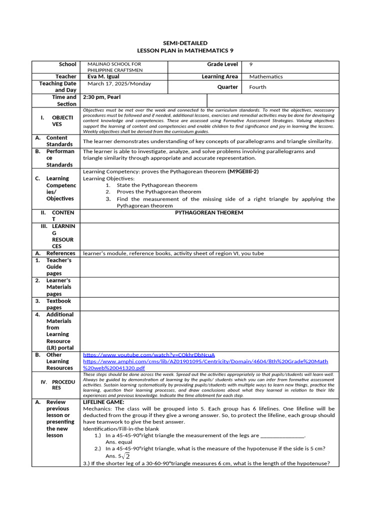 Pythagorean Theorem Lesson Plan | PDF | Learning | Cognition