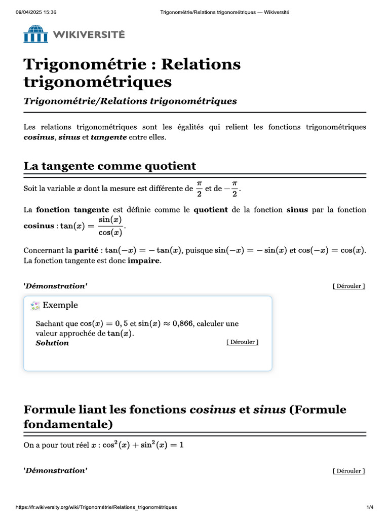Trigonométrie - Relations Trigonométriques - Wikiversité | PDF