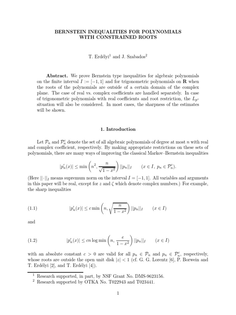 Bernstein Inequalities For Polynomials W | PDF | Polynomial | Mathematical Analysis
