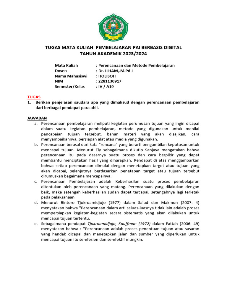 TUGAS MATA KULIAH Perencanaan Dan Metode Pembelajaran HOLISOH Kelas A19 | PDF