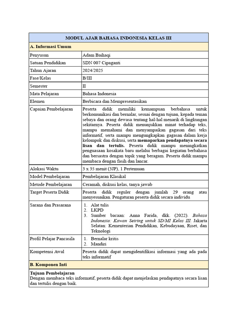 Modul Ajar Bahasa Indonesia Fase B Kelas Iii | PDF