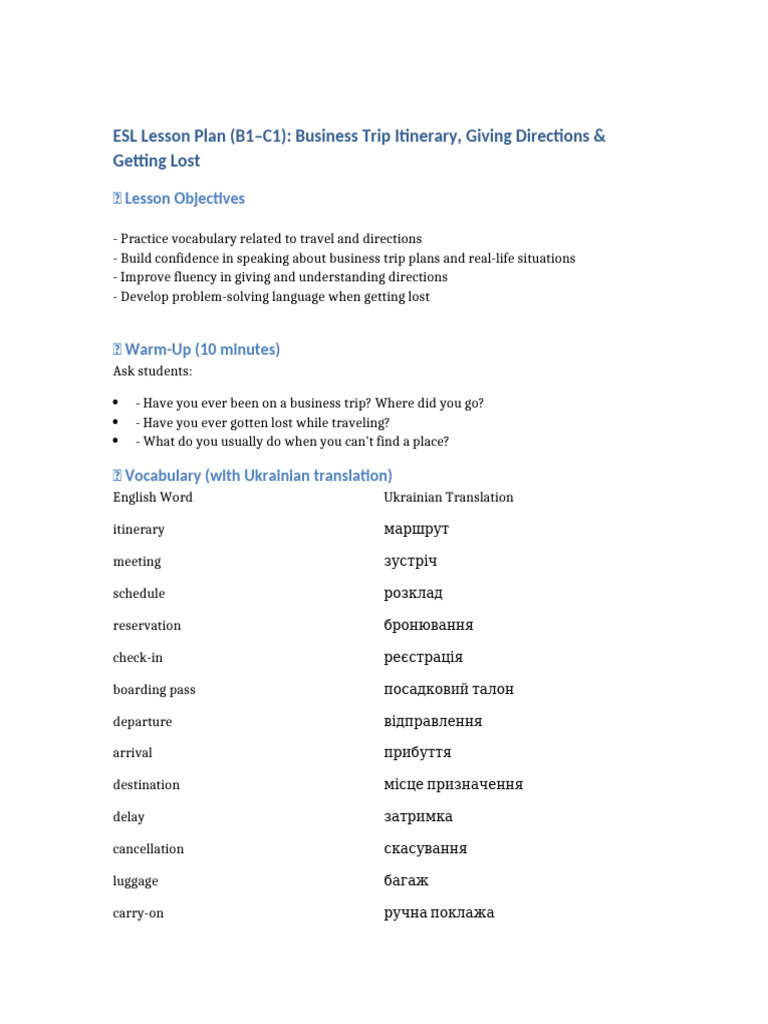 ESL Lesson Plan: Business Trip Vocabulary | PDF