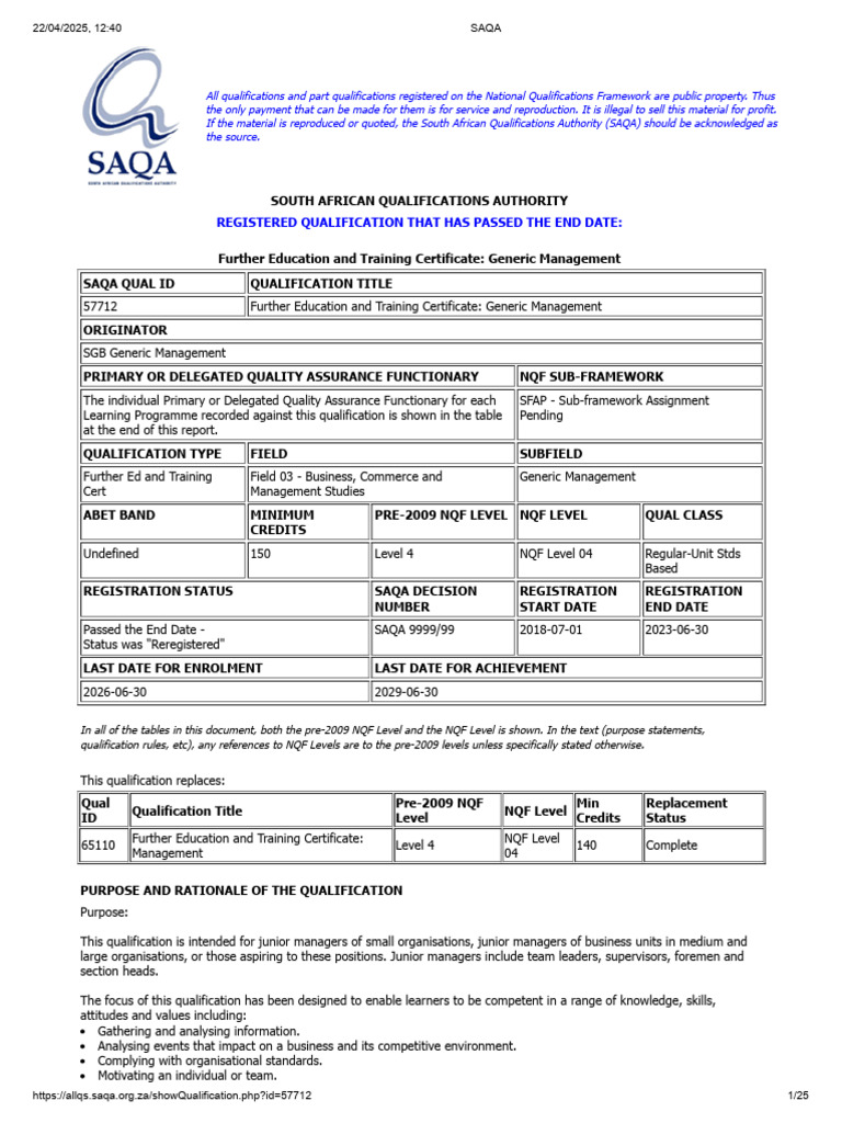 SAQA Registered Generic Management Cert | PDF | Educational Assessment ...
