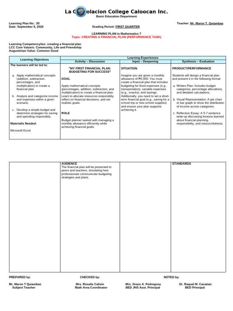 Math 7 Learning Plans: Financial & Rational Numbers | PDF | Mathematics | Decimal
