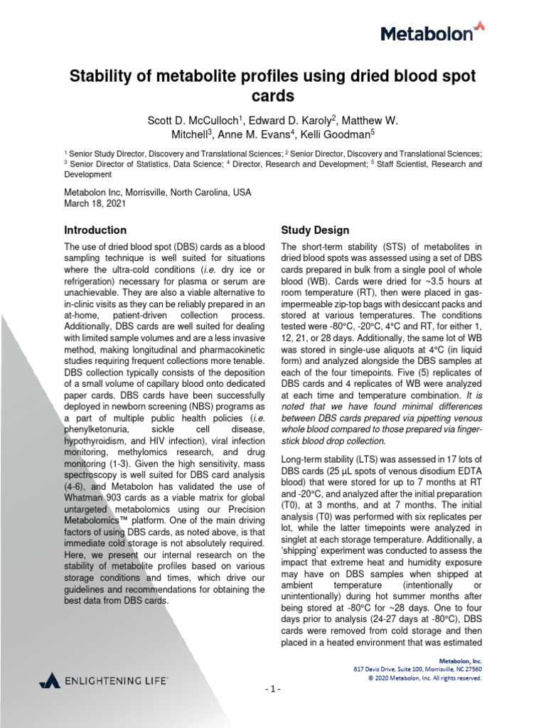 Stability Metabolite Profiles Using Dried Blood Spot Cards | PDF ...