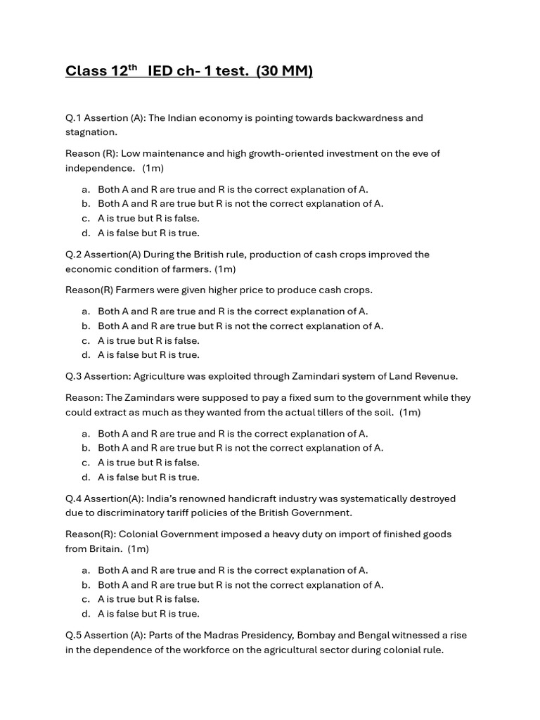 Class 12th IED CH - 1 Test. (30 MM) | PDF | British Raj | Economies