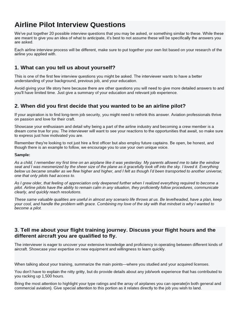 Airline Pilot Interview Questions | PDF | Airlines | Aviation