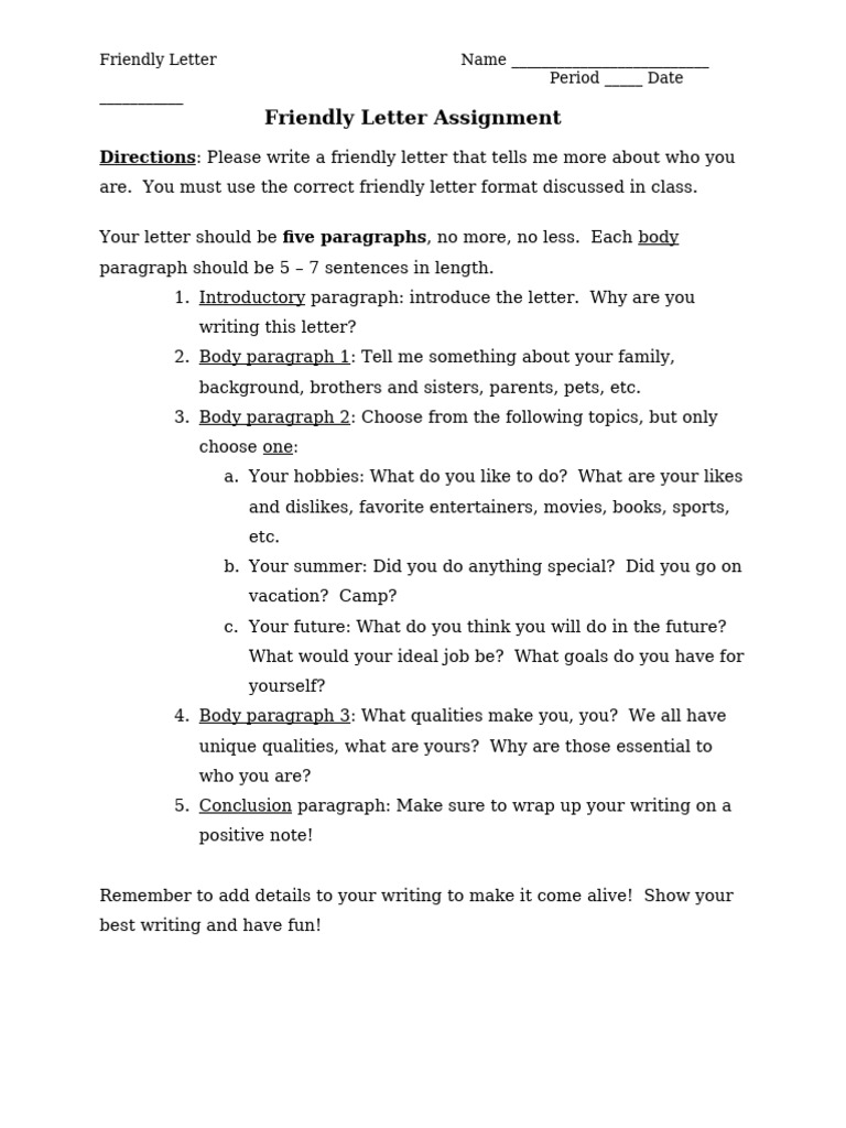 Friendly Letter Writing Assignment Guide | PDF