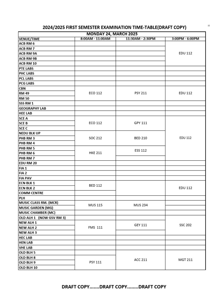 2024-2025 First Semester Exam Timetable For Years One To Two at PDF Ben | PDF