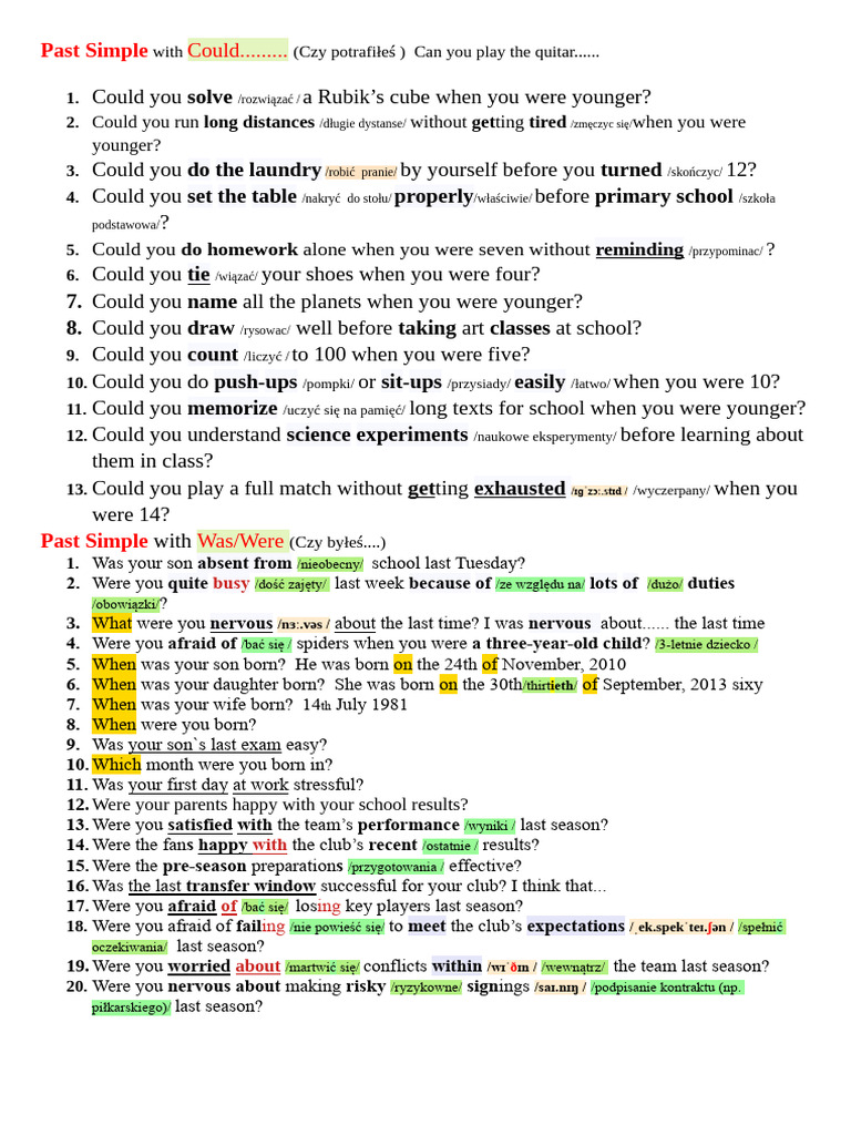 Past Simple questions could was were irregular verbs | PDF