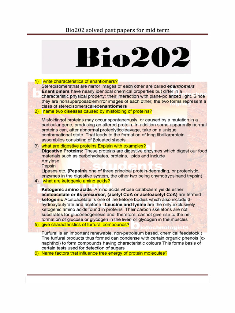 Bio202 solved past papers for mid ter1 | PDF