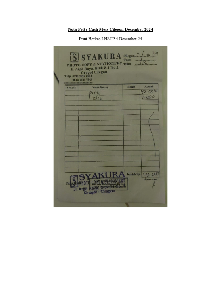 Nota Petty Cash Mess Cilegon Desember 2024 | PDF