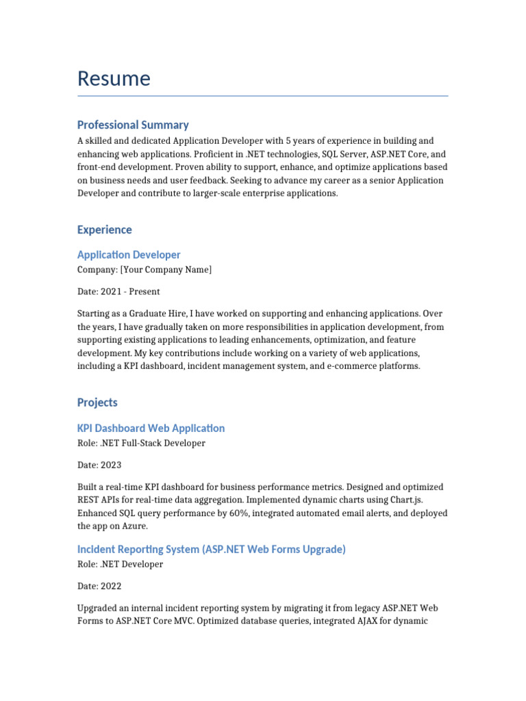 Resume Application Developer | PDF | Web Application | Microsoft Sql Server