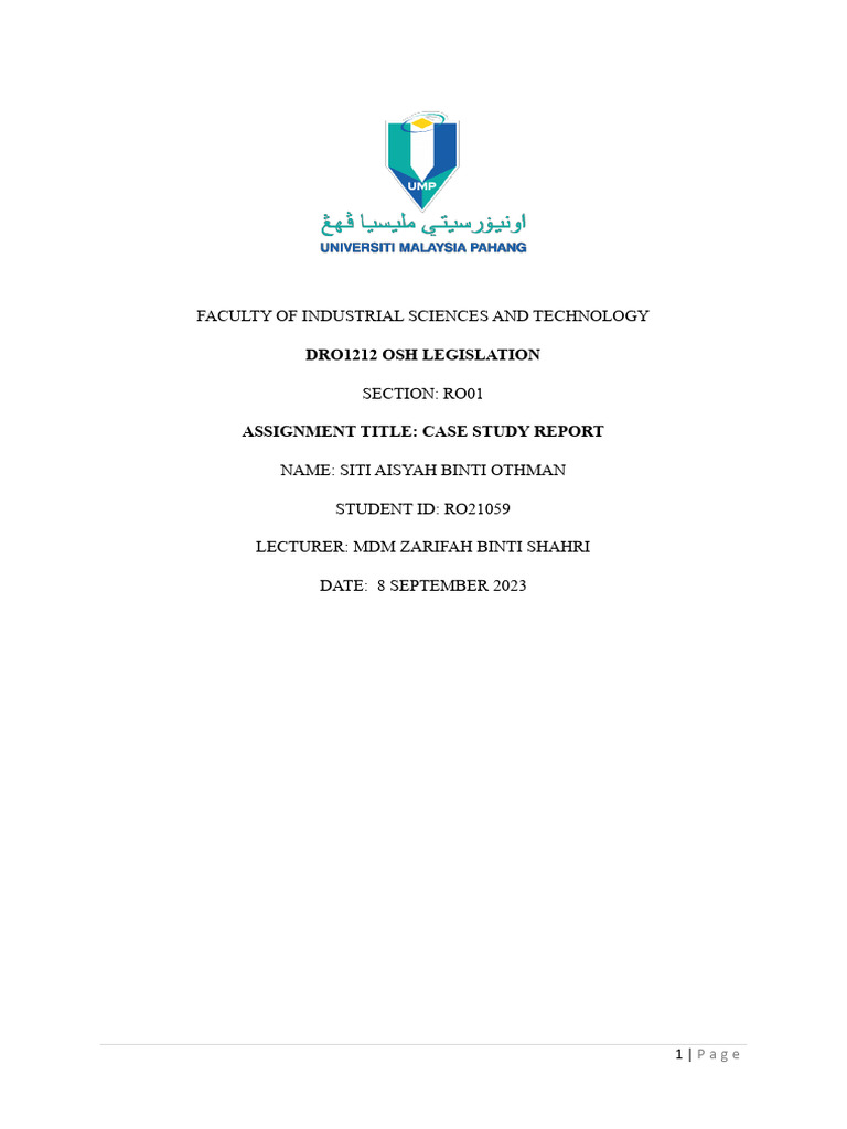 Ro21059 - Case Study Report Osh Legislation | PDF | Occupational Safety ...