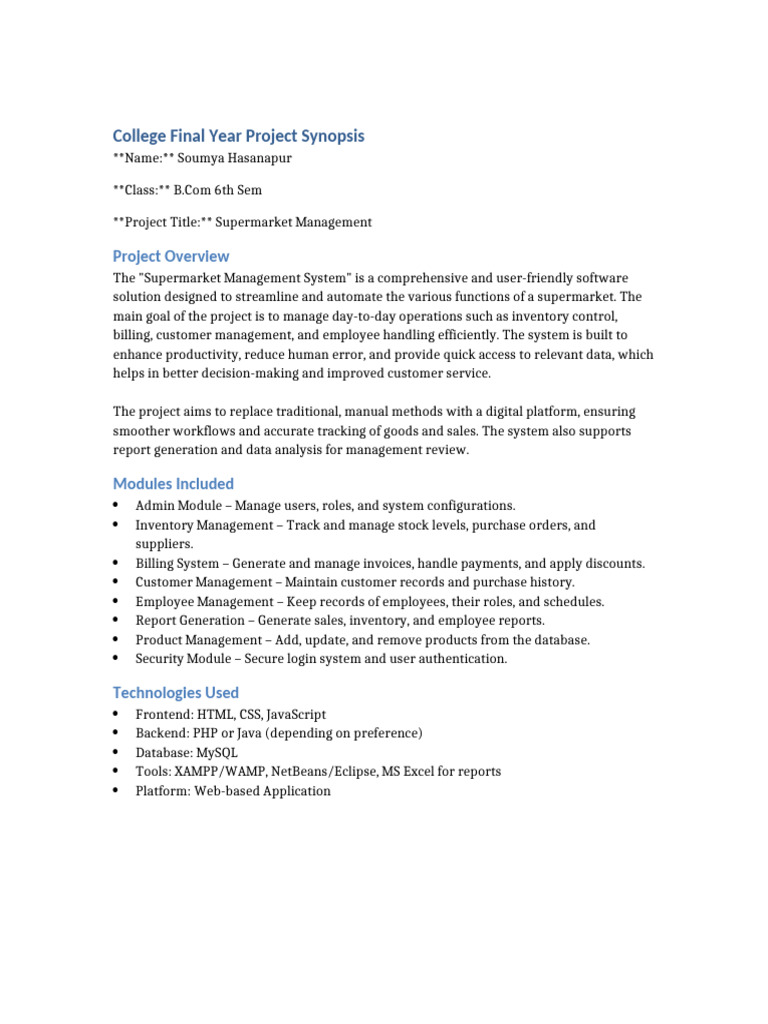 Supermarket Management Project Synopsis | PDF