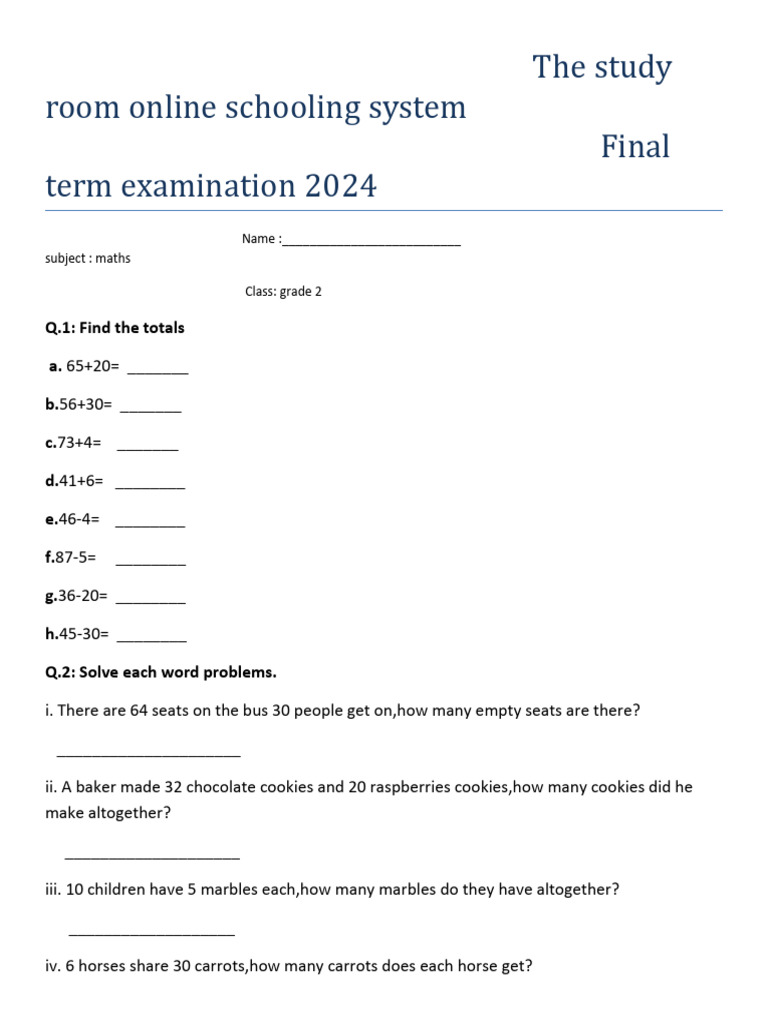 Grade 2 Maths Final Exam Paper 2024 | PDF