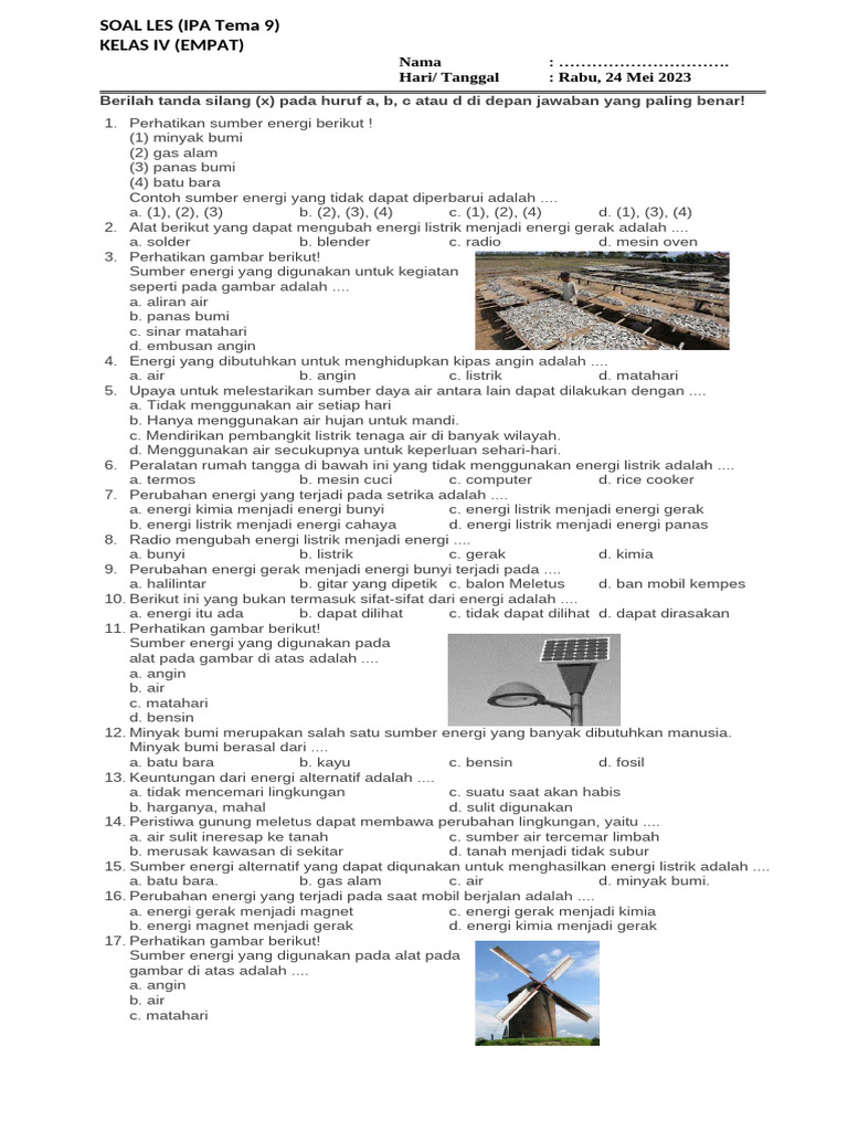Soal LES IPA Kelas IV Tema 9 Energi | PDF