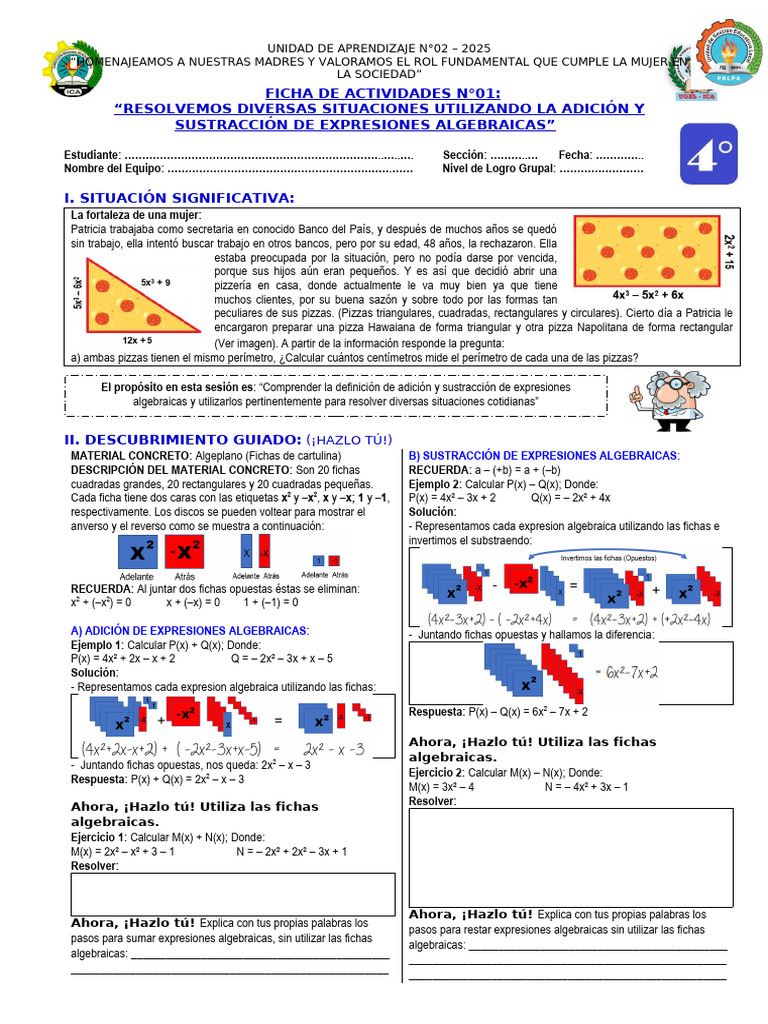 Ficha 1-4to-Ua2-2025 | PDF | Sustracción | Álgebra