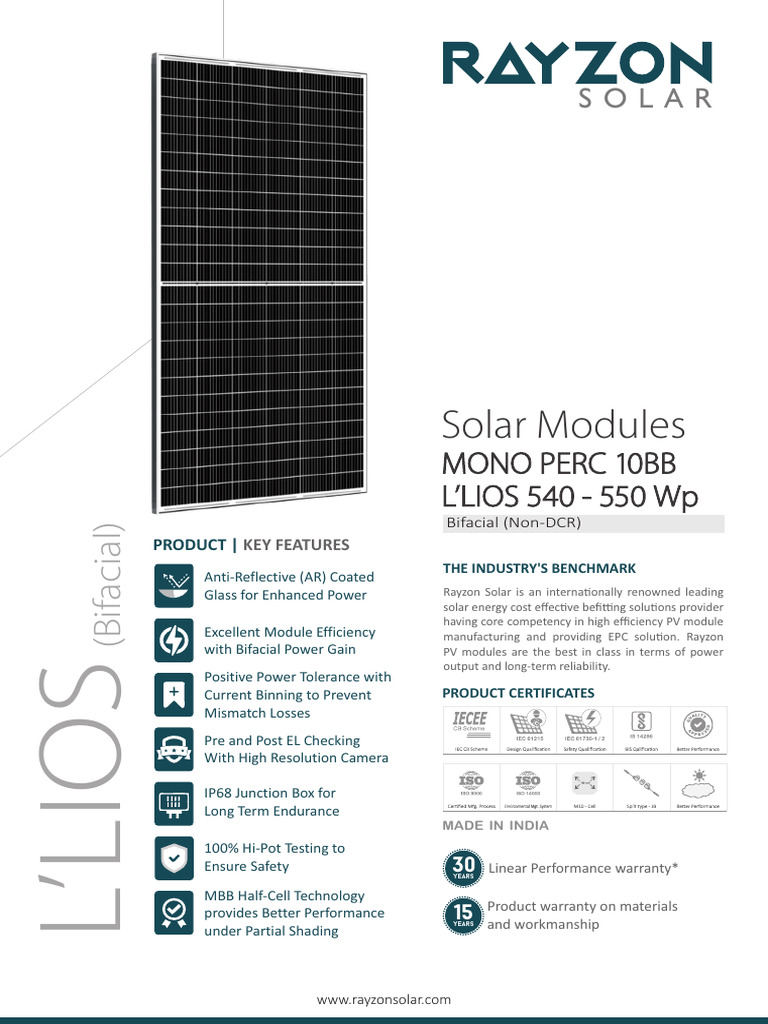 Rayzon 540-550W Bifacial Solar Panel Datasheet | PDF | Solar Panel ...