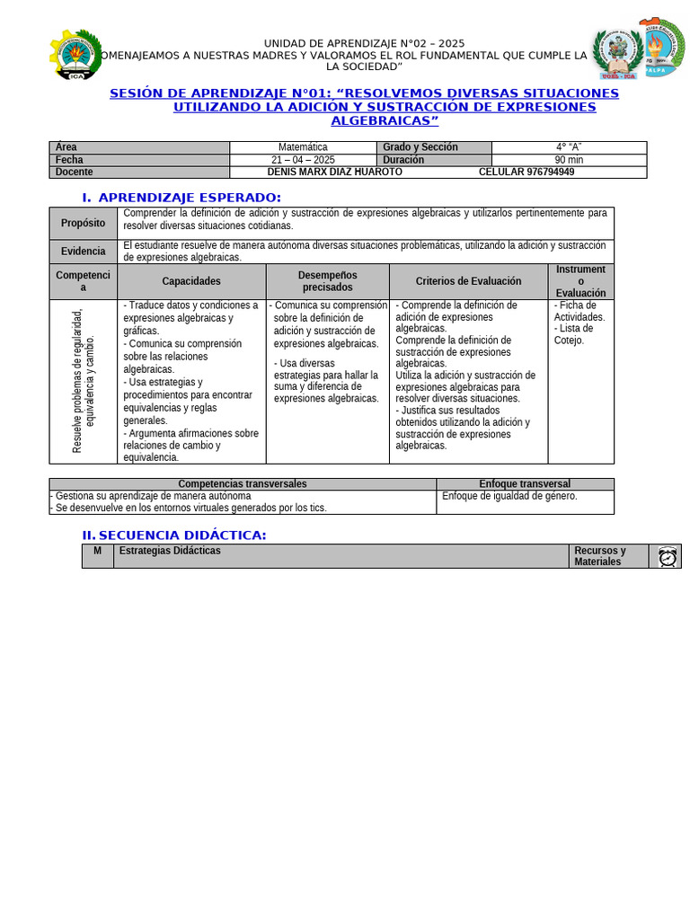 4°-Sesion 1-Ua2 - 2025 | PDF | Aprendizaje