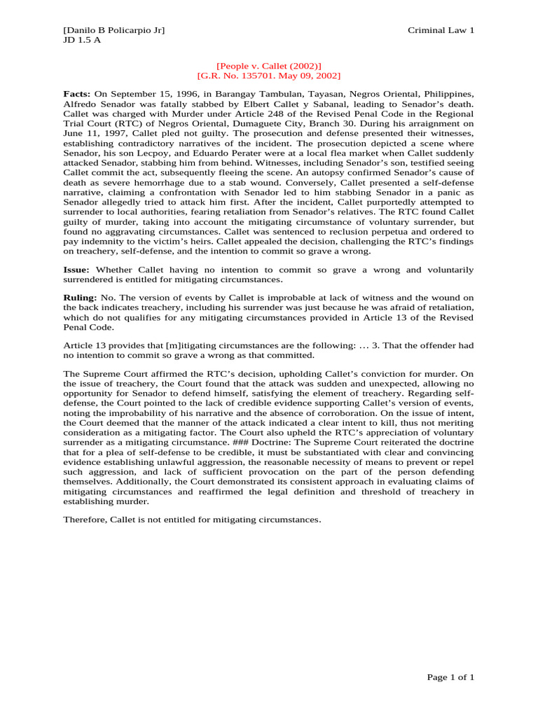Article 13 Not Applicable People v. Calleto (2002) | PDF | Mitigating ...