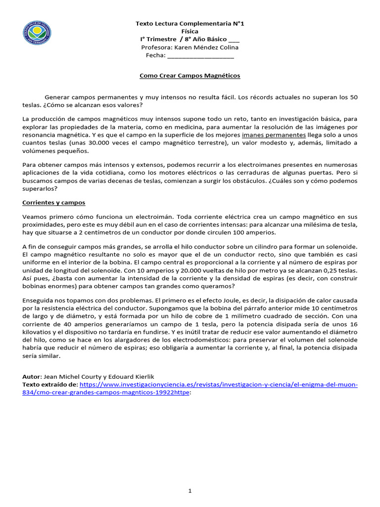 Texto de Lectura Complementaria 8° Básico I Trimestre | PDF | Corriente eléctrica | Campo magnético