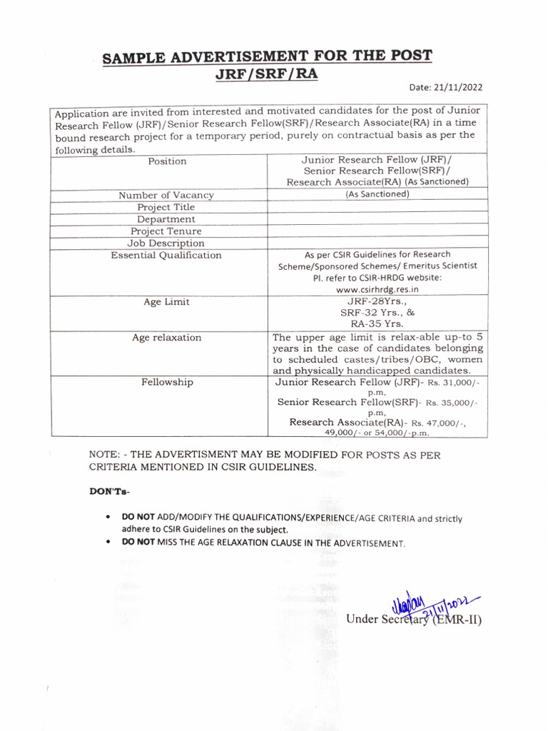 Sample Advt. For The Post of JRF-SRF-RA Appointment Signed by US EMR-II ...