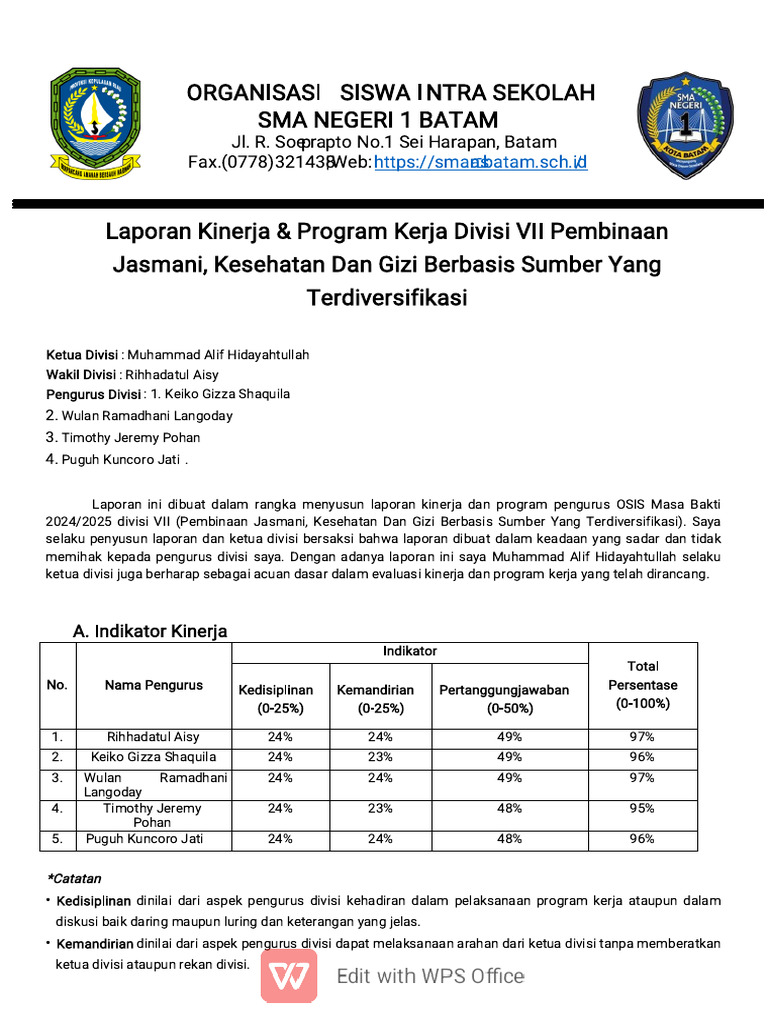 Laporan Kinerja Divisi VII OSIS SMAN 1 Batam | PDF