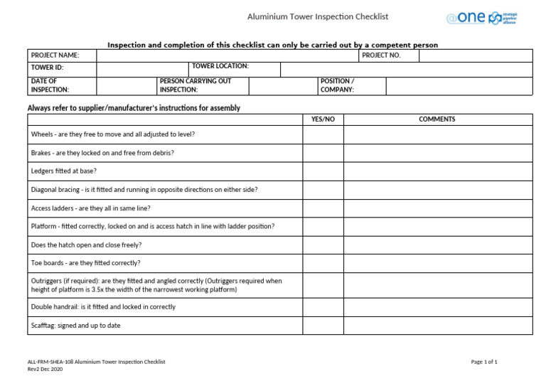 Aluminium Tower Inspection Checklist (ALL-FRM-SHEA-108) | PDF
