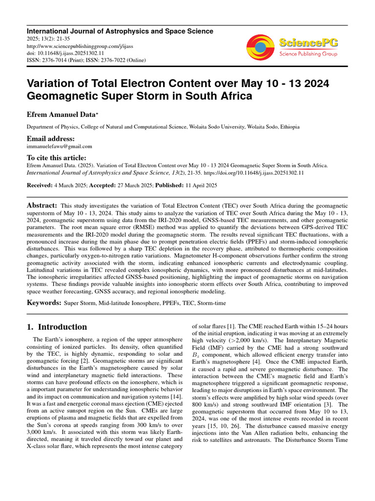 J.ijass.20251302.11 Super Storm | PDF | Ionosphere | Space Weather
