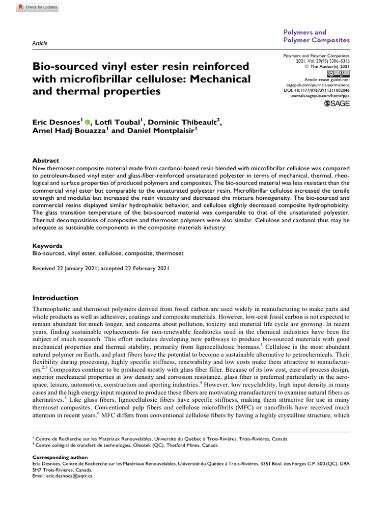 Bio-Sourced Vinyl Ester Resin Reinforced With Microfibrillar Cellulose ...
