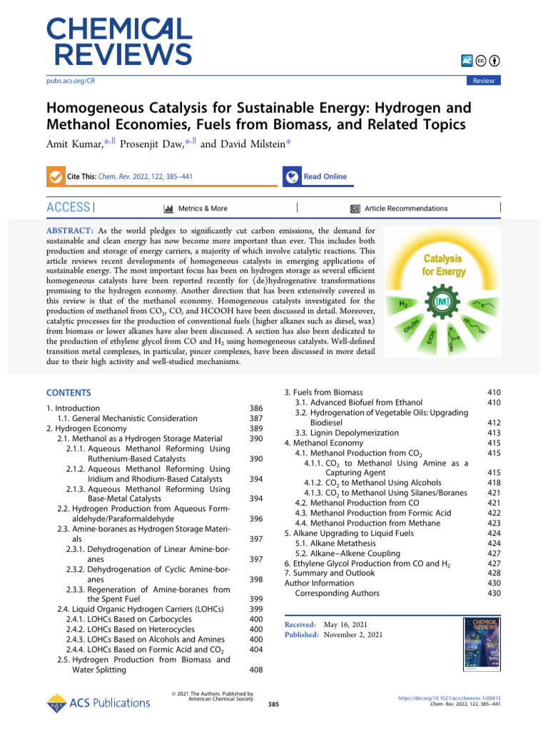 Kumar Et Al 2021 Homogeneous Catalysis For Sustainable Energy Hydrogen ...