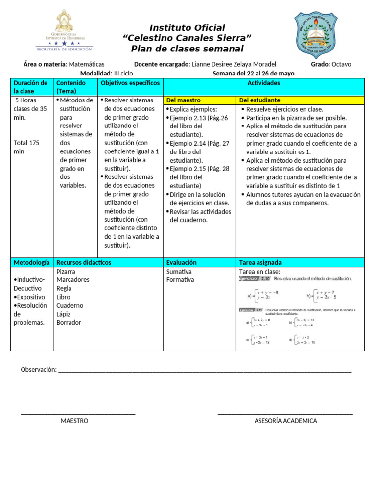 8° Plan de Clases Semanal 2023 II 2da Parte | PDF | Ecuaciones | Ángulo