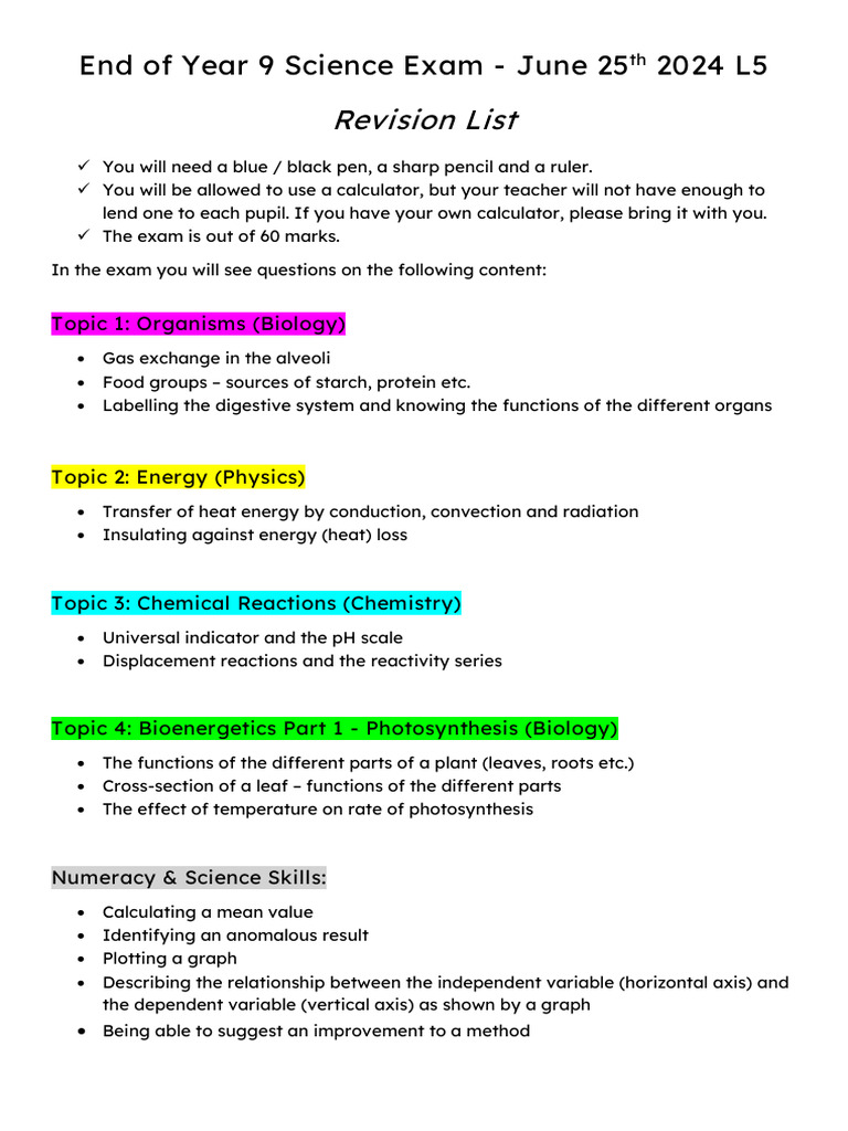 Yr9 Revision List 2024 | PDF