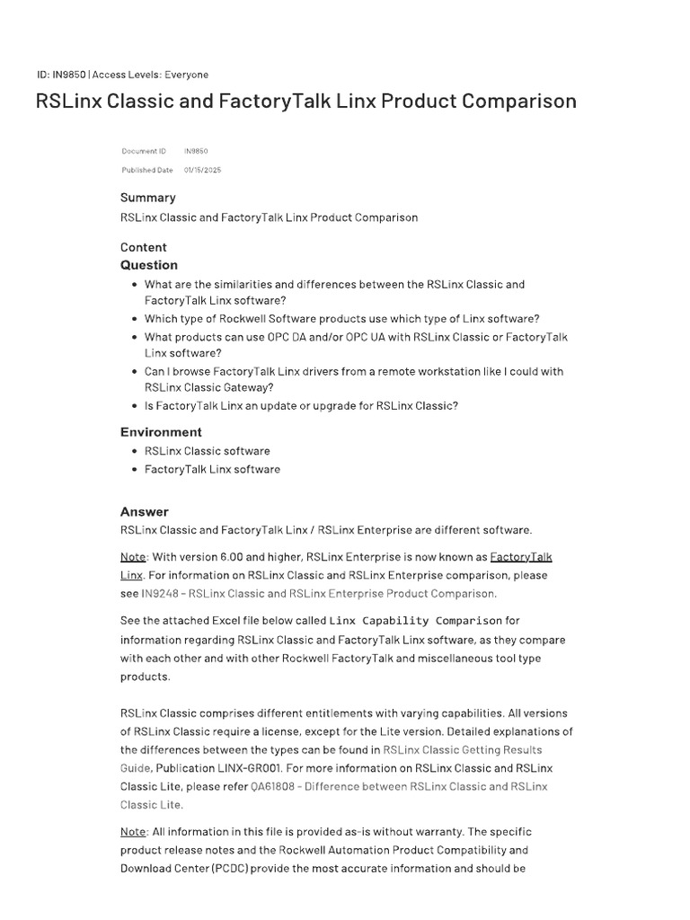RSLinx Classic and FactoryTalk Linx Product Comparison | PDF