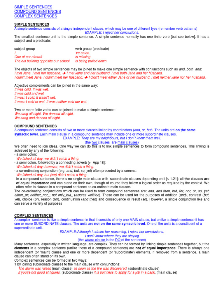 Grammar - Simple, Compound and Complex Sentences - Notes&Examples | PDF ...