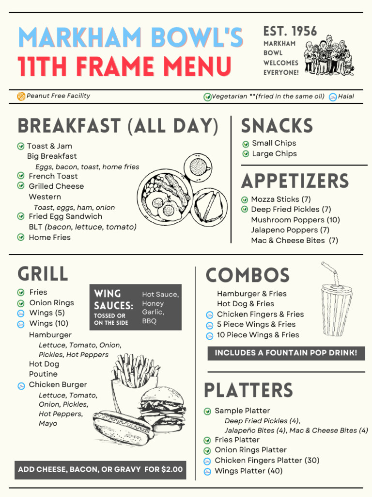 Markham Bowl's 11th Frame Menu | PDF | Hamburgers | French Fries