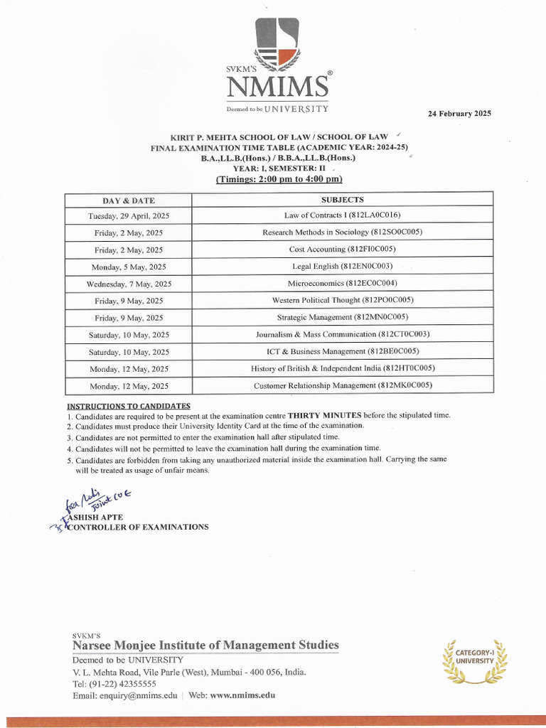 BA BBA SEM II IV VI VIII X Final Exam Time Table AY 2024-25 | PDF