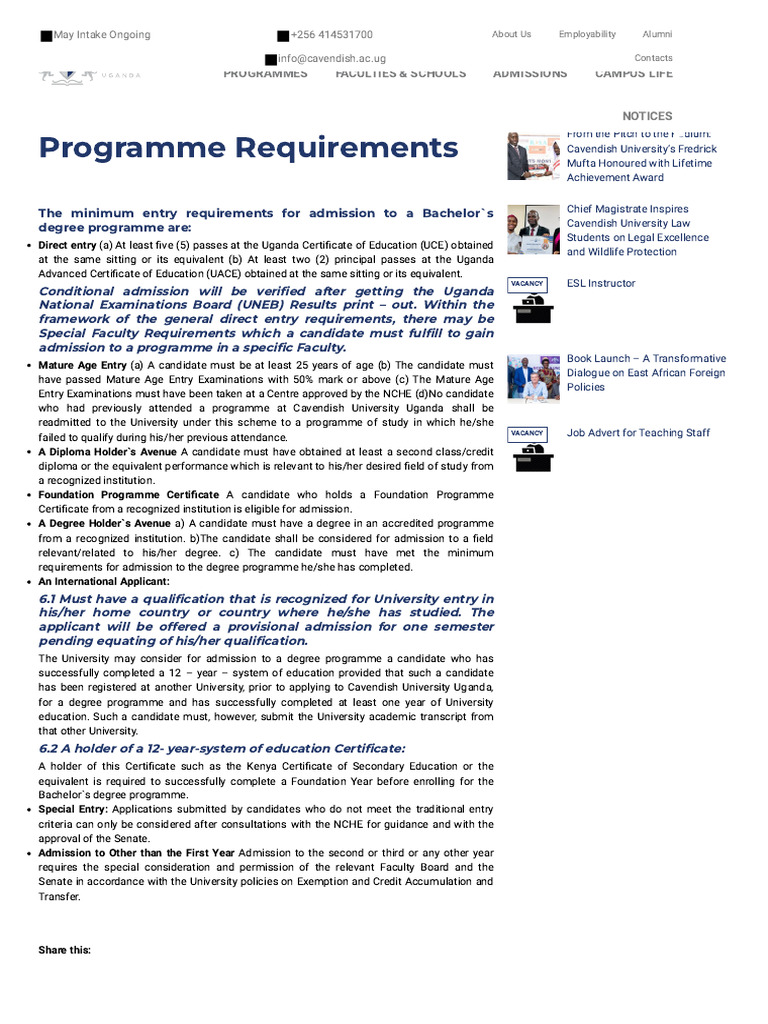 Cavendish University Admission Criteria | PDF | Academic Degree ...