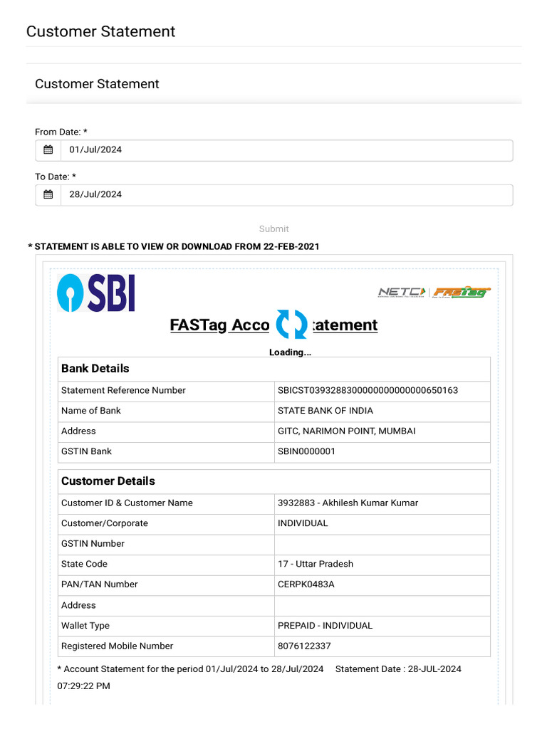 SBI_FASTAG_STATEMENT_3932883 - Akhilesh Kumar Kumar _FROM_01_Jul_2024_TO_28_Jul_2024 | PDF ...