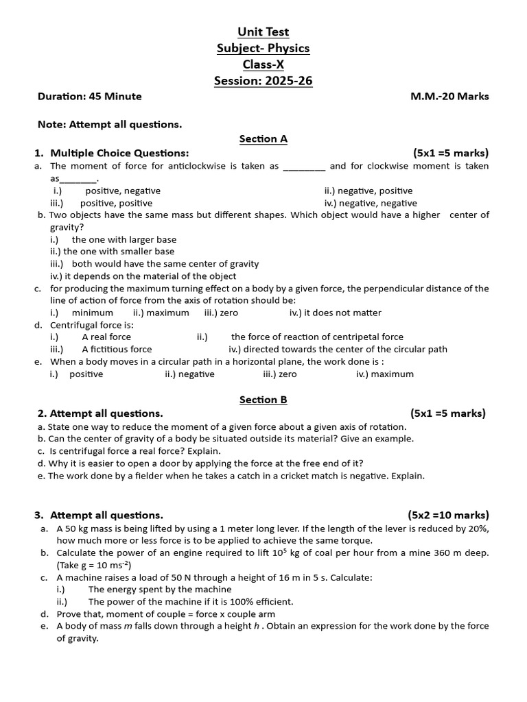 Class X-Unit Test Paper Physics | PDF | Force | Torque