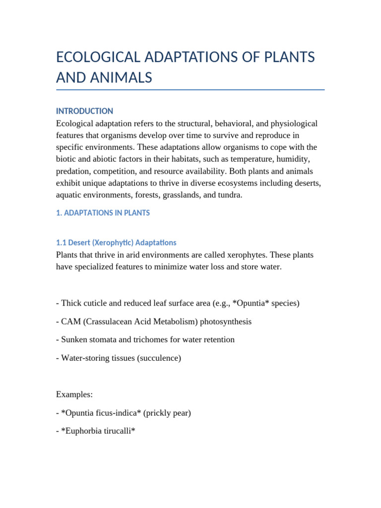 Ecological Adaptations of Plants and Animals | PDF | Ecology | Adaptation