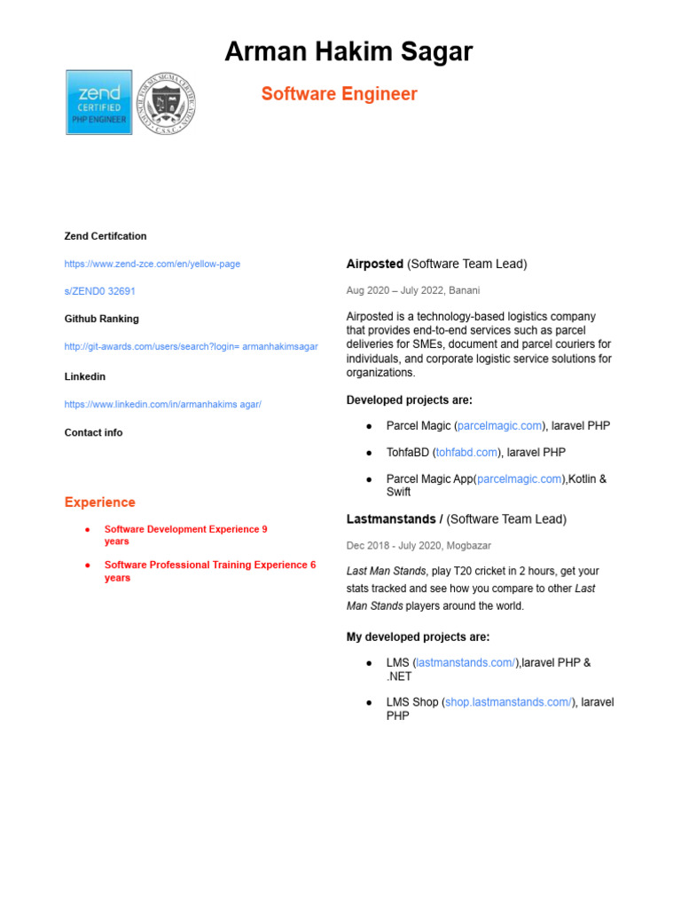 Arman Hakim Sagar: Software Engineer Profile | PDF | Enterprise Resource Planning | Information ...