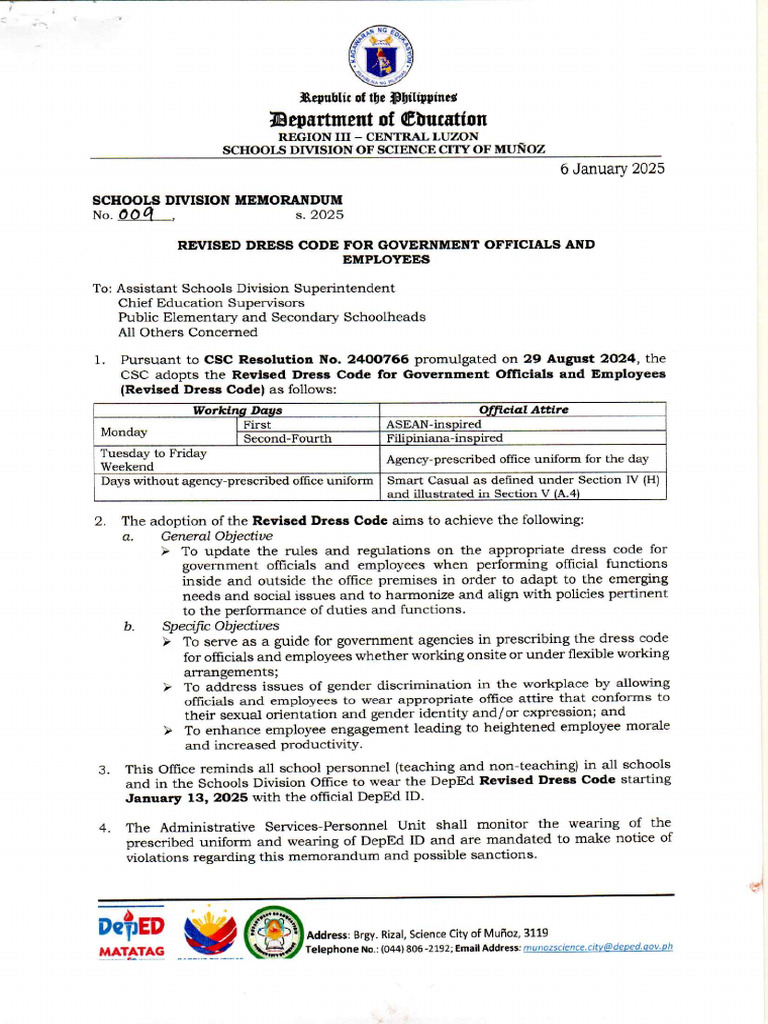 SDM No. 009 S. 2025 Revised Dress Code For Government Officials and ...